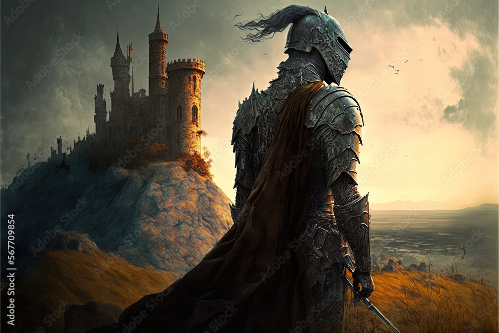 Medieval knight on a hill against the backdrop of a castle, a cliff ...