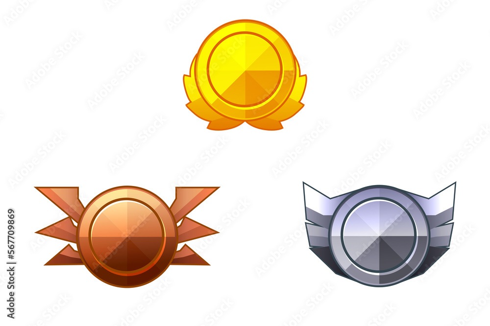 Set of game rank icons isolated. Bronze, silver and gold game badges ...