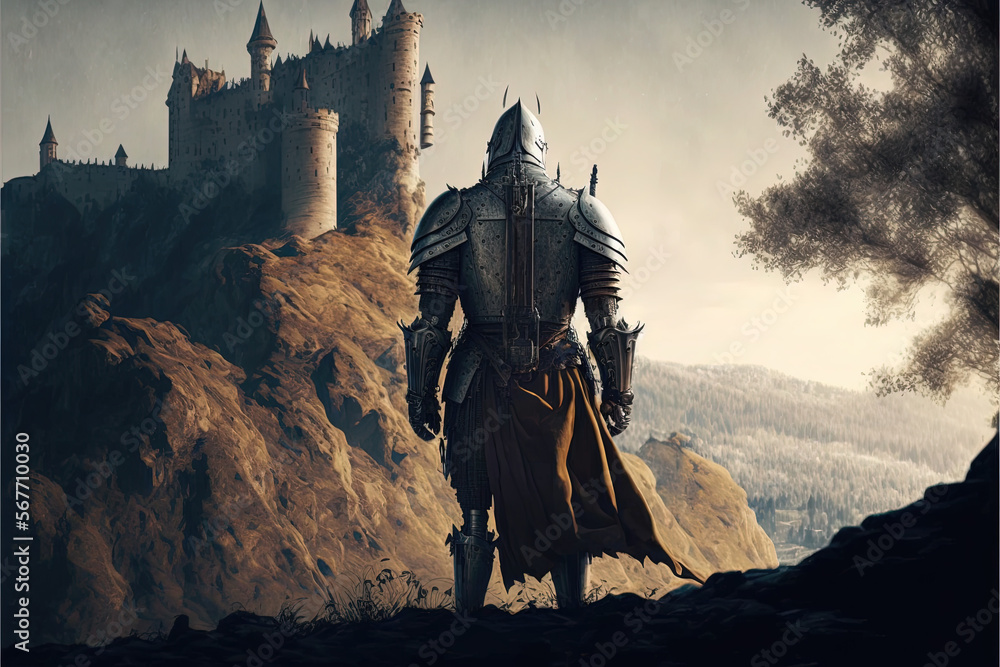 Fantasy knight in front of a castle on a hill, dense forest, swordsman ...