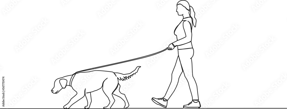 Vetor de continuous single line drawing of woman walking her dog, line ...