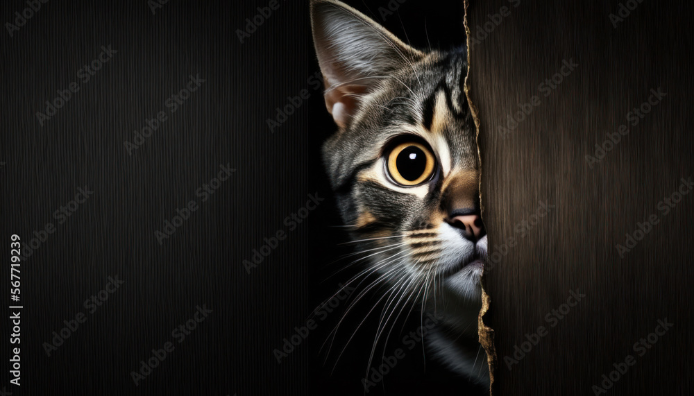 frightened cat hidding behind black background. generative ai Stock ...