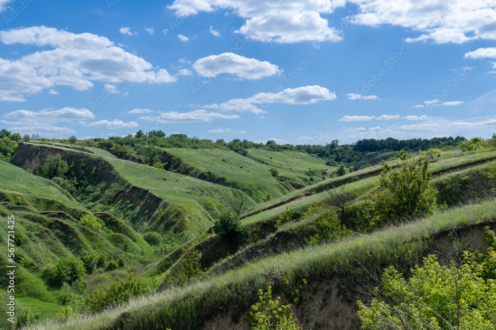 View ravine covered with greenery. Landscape valley with geological ...