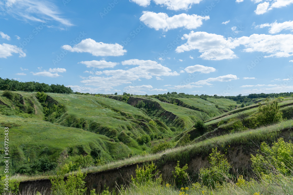 View ravine covered with greenery. Landscape valley with geological ...