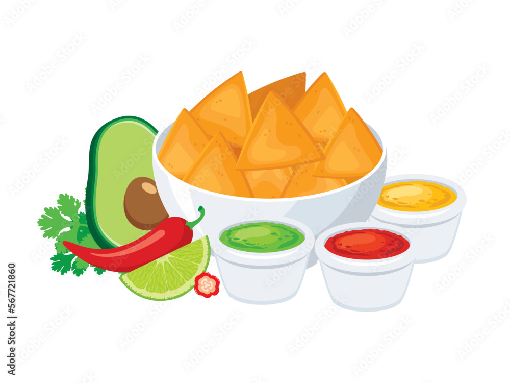Nachos tortilla chips and salsa sauce vector illustration. Chips and ...