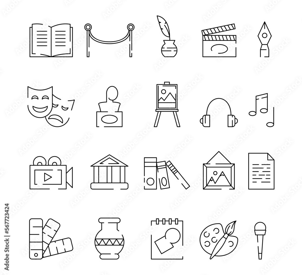 Museum art. Paint artist icons. Line sculpture or statue. Visual ...