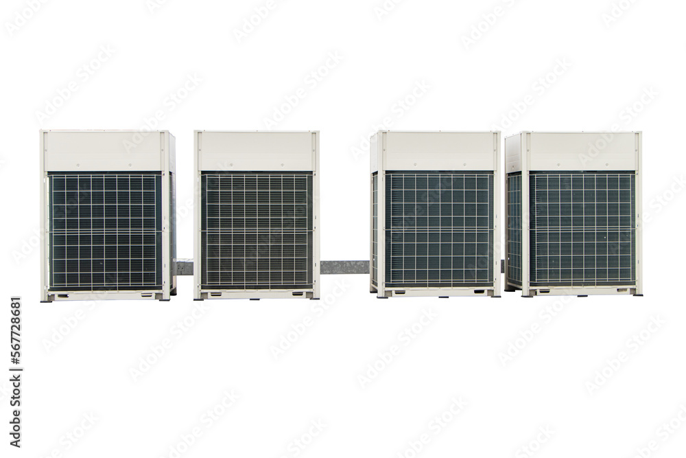 Big air conditioner compressor source heat pumps. On wall outdoor on ...