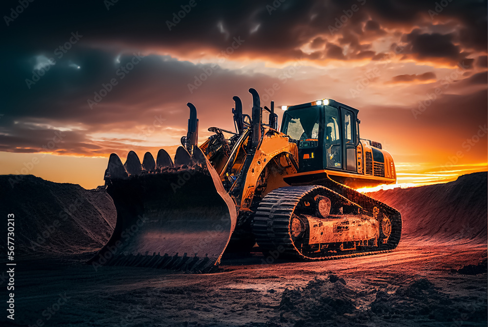 Dozer on earthmoving at construction site on sunset. Construction ...