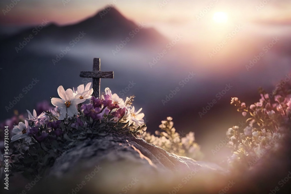 Crucifixion of Jesus Christ - Cross at sunrise on a mountain and a ...