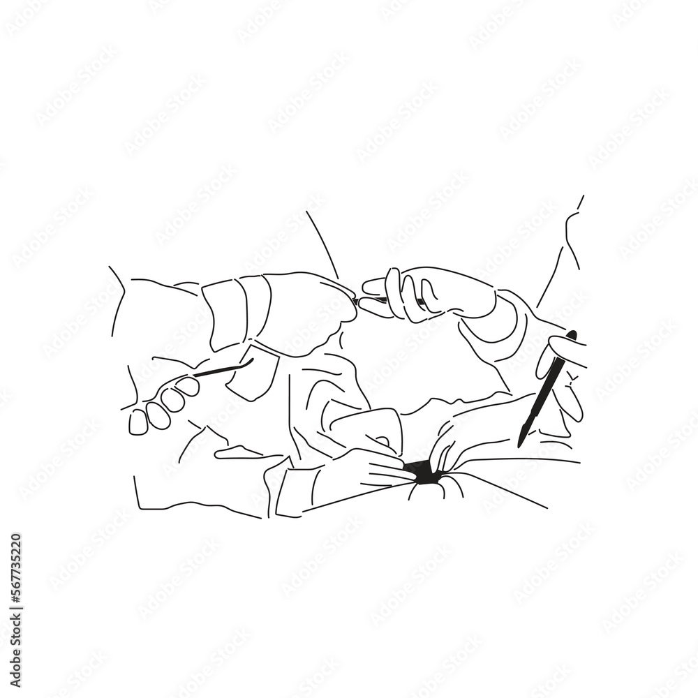 Line drawing of many doctors helping to operate on patients. and pick ...