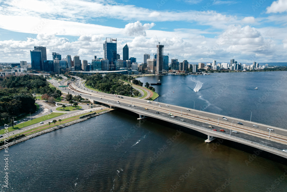 Aerial view of the Perth skyline across the Narrows Bridge and Swan ...