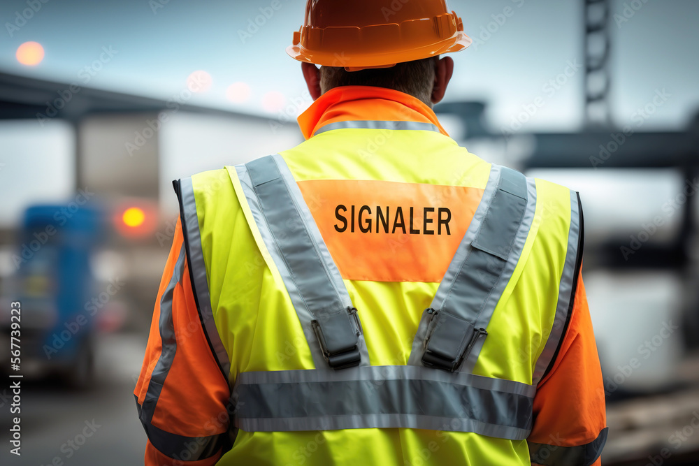 A worker or signaler man is wearied reflective vest uniform with ...