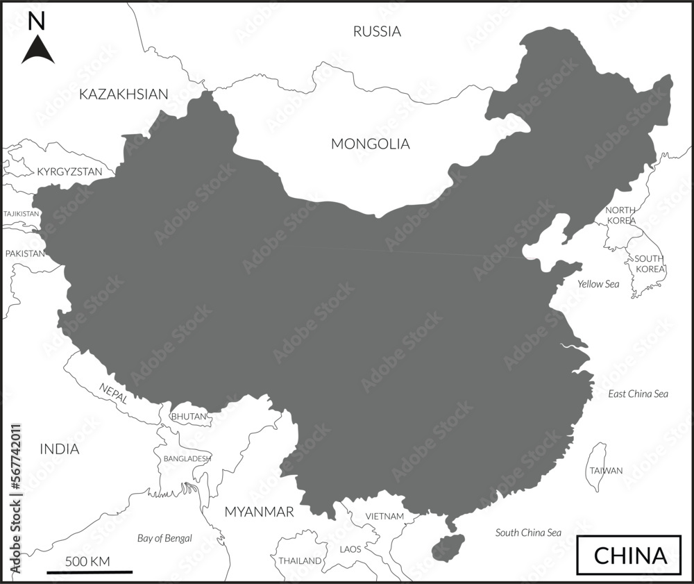Map of China includes border countries, Mongolia, Russia, India ...
