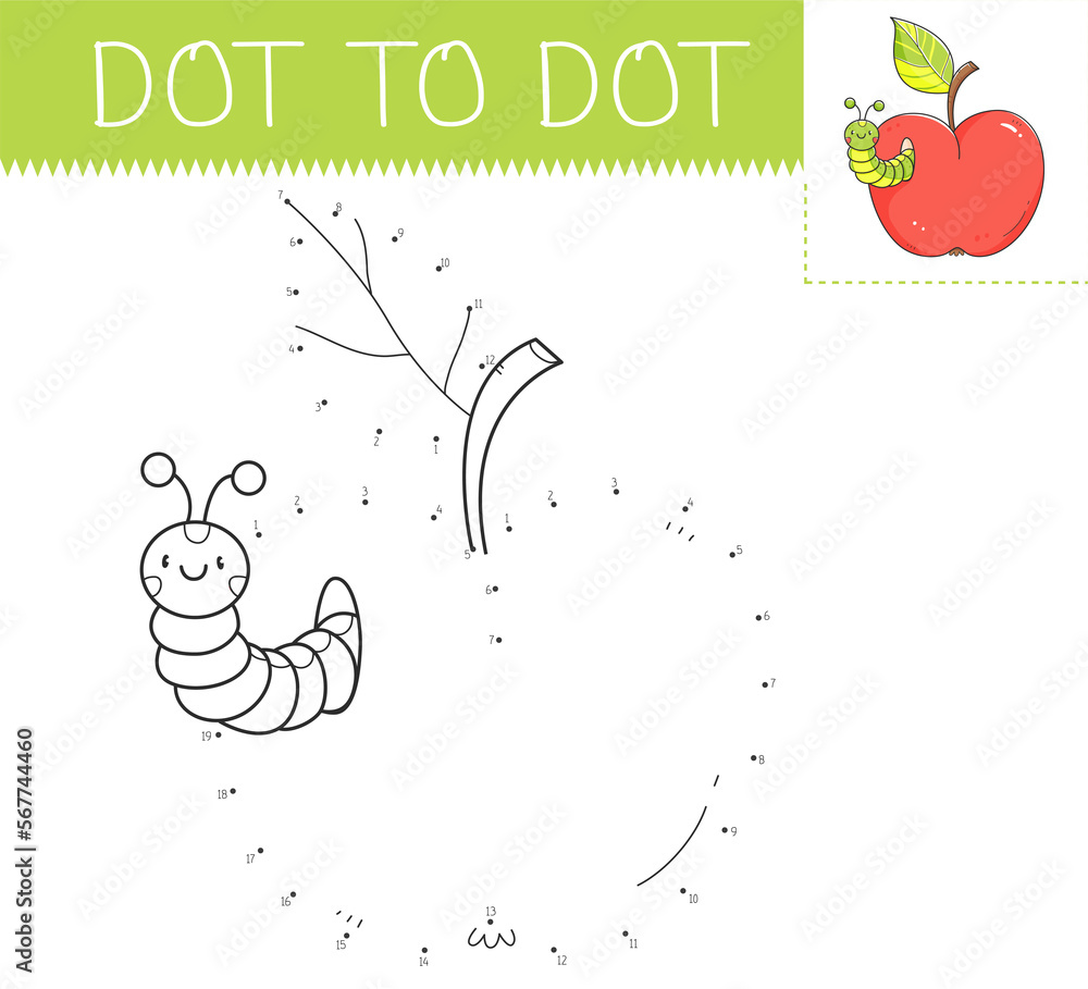 Dot to dot game coloring book with apple and caterpillar for kids ...