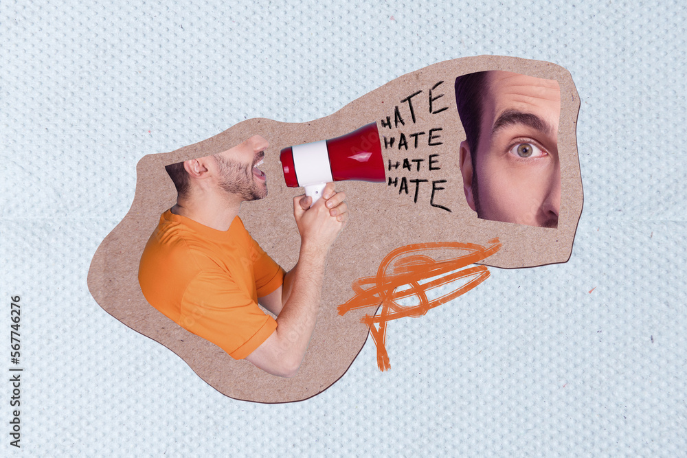 Social issue banner collage of angry man screaming hate speech ears ...
