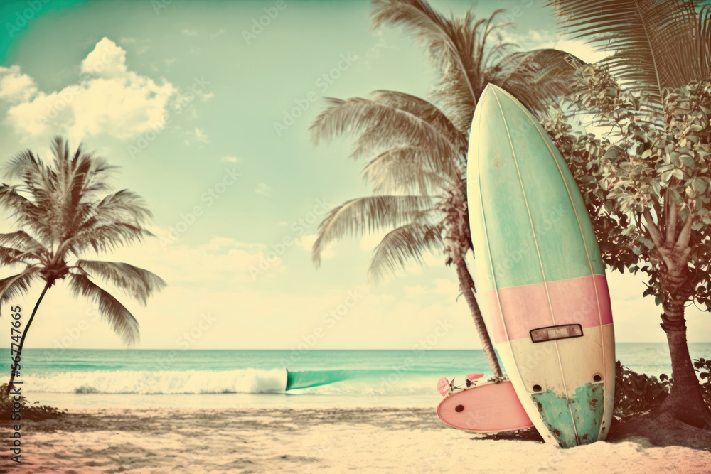 Pastel surfboards on tropical beach. Retro tone color style. Travel ...