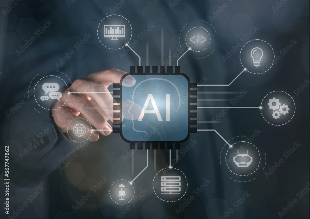 Man touch AI icon on virtual screen. Artificial intelligence new ...