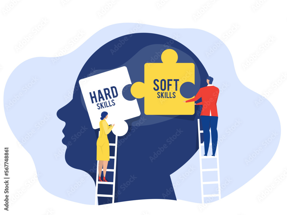 business woman and man holding two pieces between Hard VS Soft Skills ...