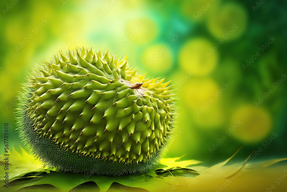 Young jackfruit with close up texture of spiky skin on an abstract ...
