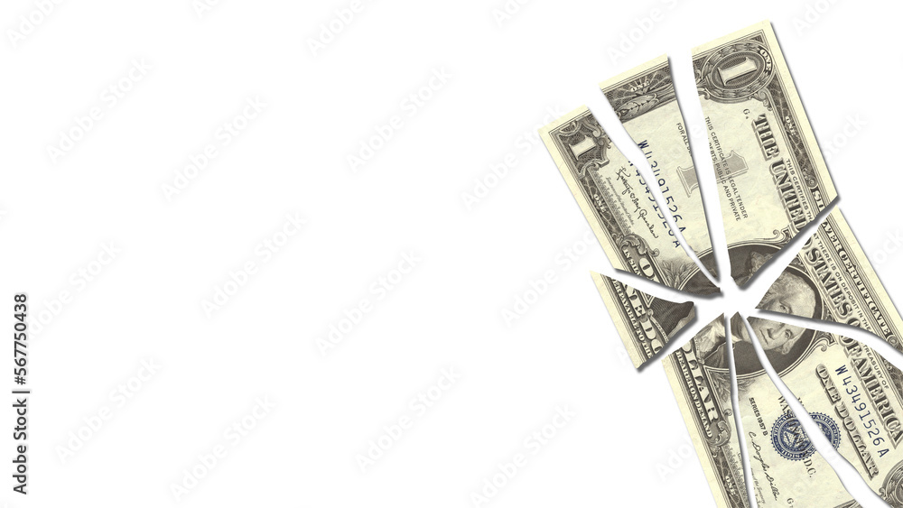 Illustration. The obverse of one US dollar banknote is broken into ...