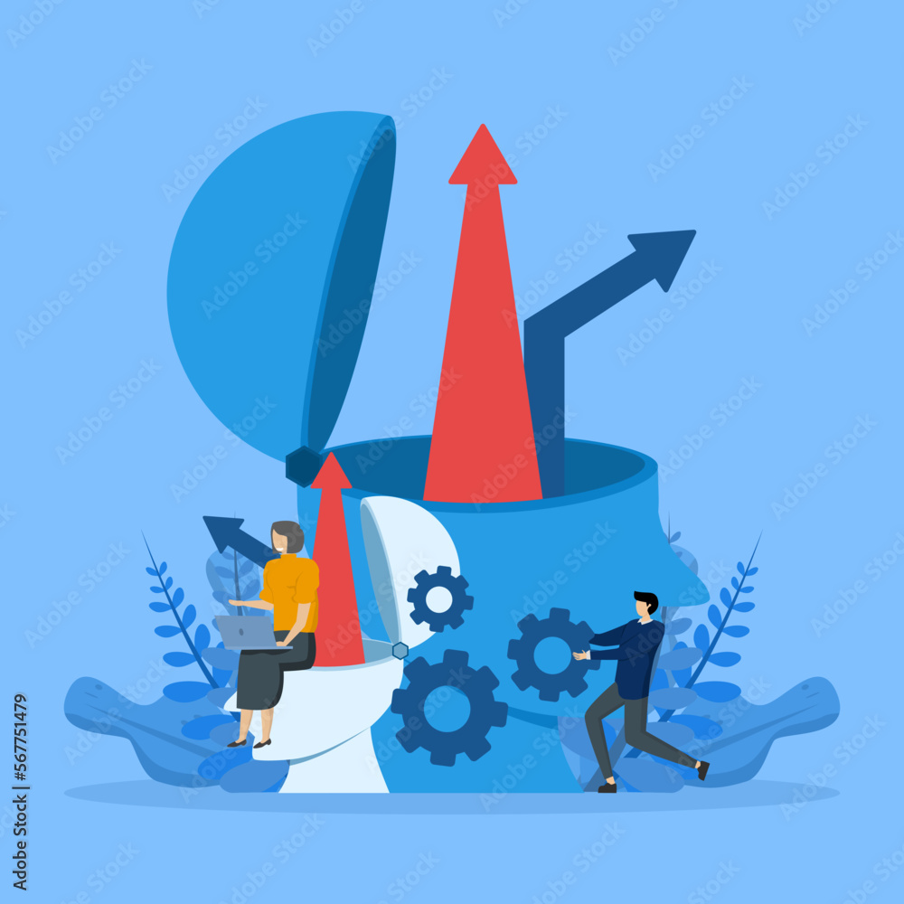 Two human Heads and up arrow, next level improvement, next level self ...