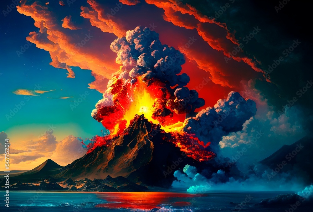 Volcanic eruption on the island, cartoon style illustration, acrylic ...