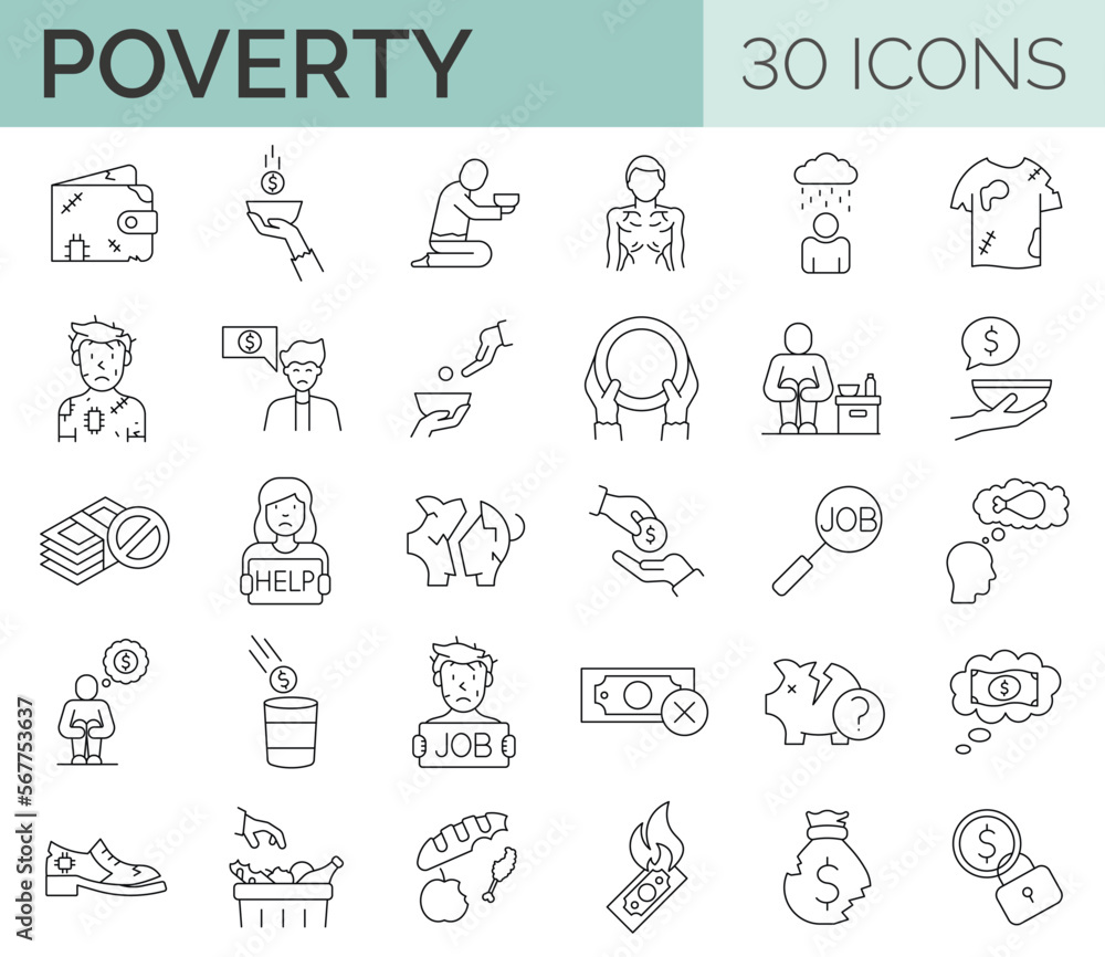 Set of 30 editable stroke line icons related to poverty, homeless, poor ...