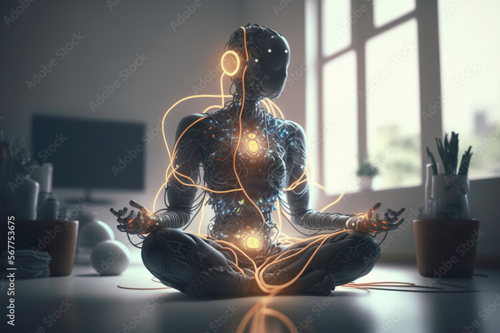Android meditating listening to music, neon headphones in Lotus pose in ...