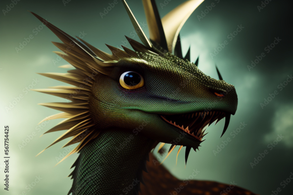 Cute green dragon with yellow eyes face AI Generated Stock Illustration ...