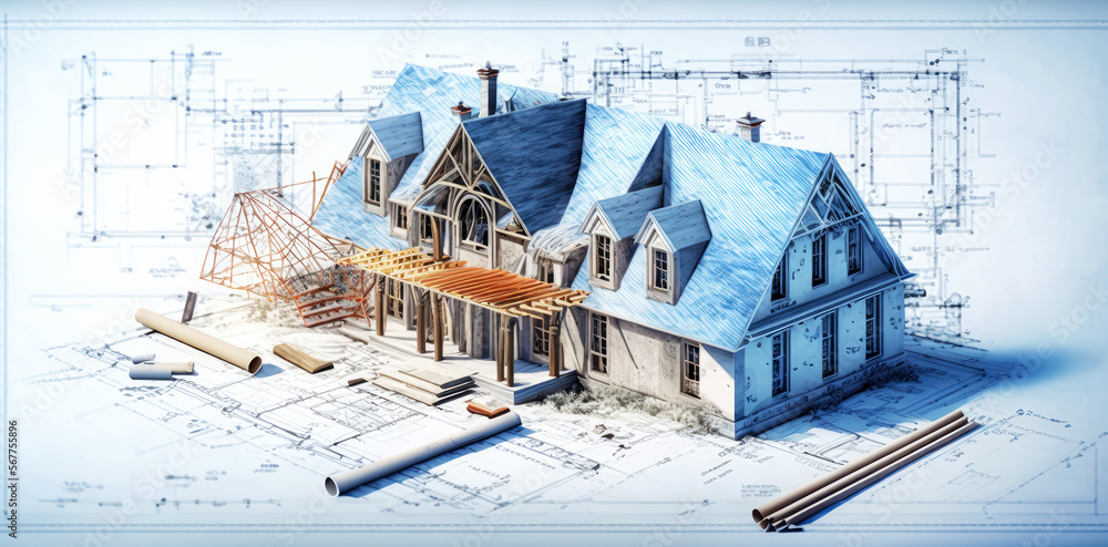 Building house on blueprints - construction project. Generative AI ...