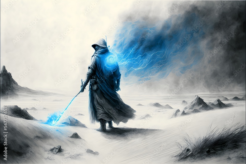 a pencil sketch of a dune sea with a post apocalyptic mage standing in ...