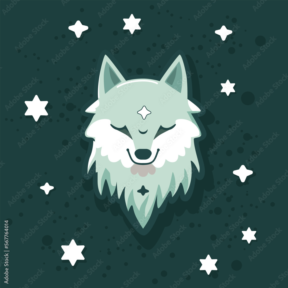 Gray Wolf Illustration, Stylish logo of smiling Wolf among the stars ...
