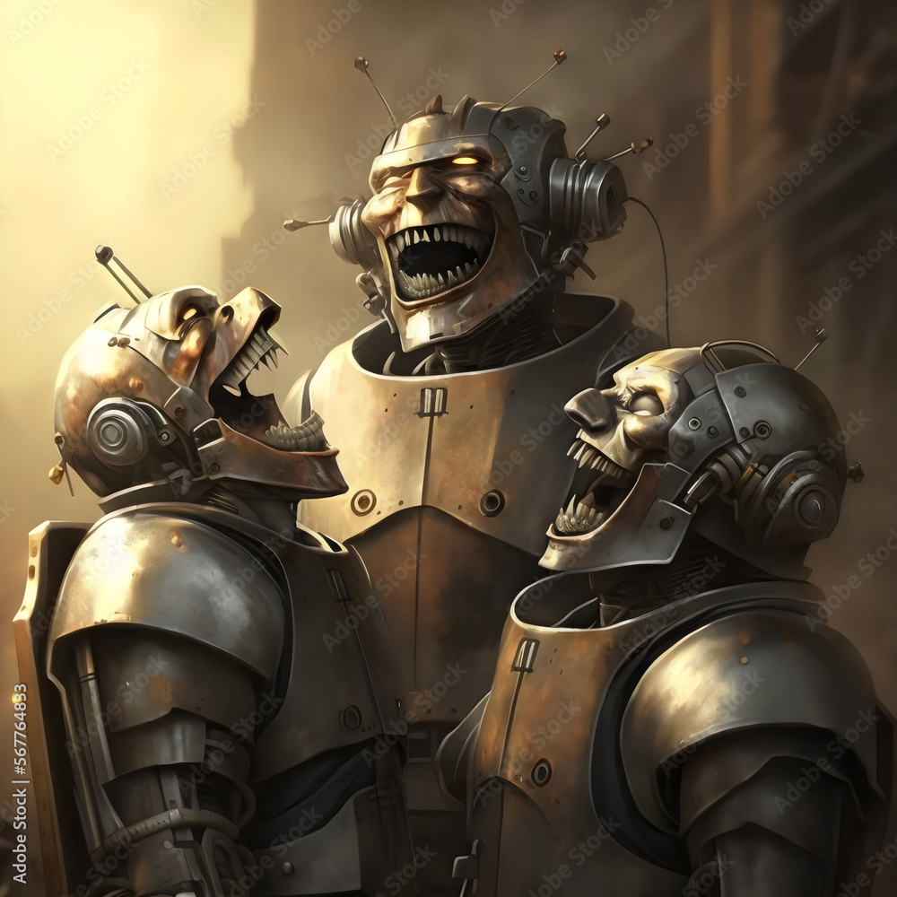 three robot overlords with sharp teeth laughing together maniacally ...