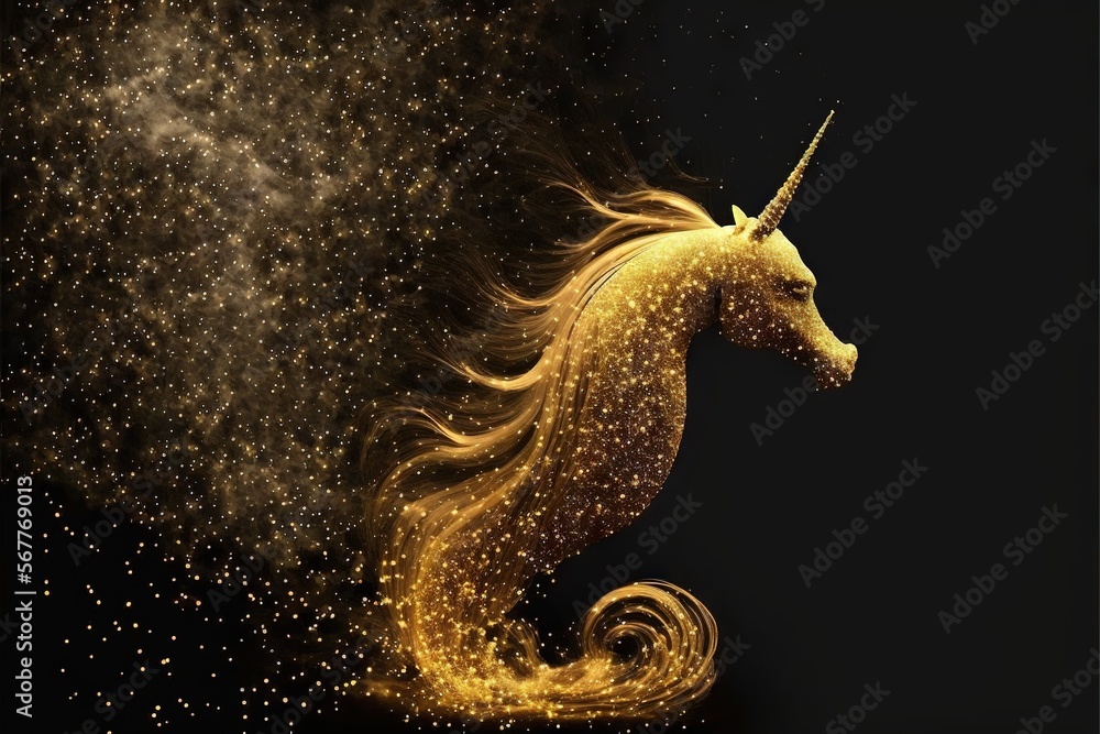 a golden unicorn with a long mane standing in front of a black ...