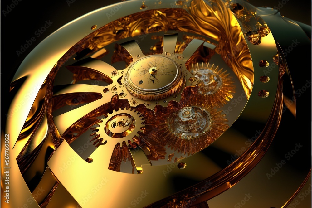 a gold clock with gears and a clock face on it's side, with a black ...