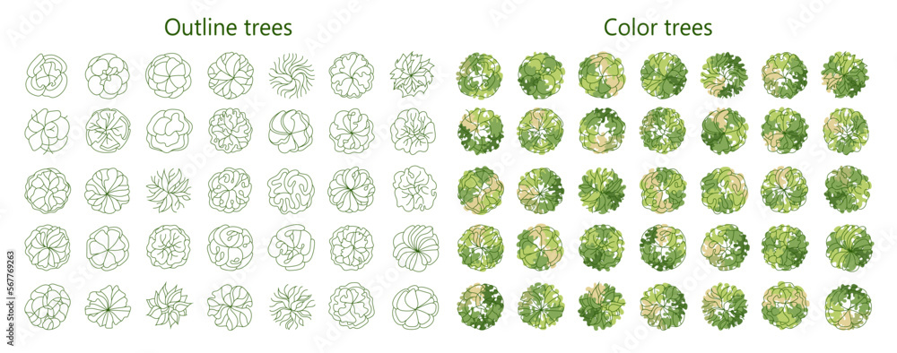 Tree for architectural floor plans. Entourage design. Various trees, bushes, and shrubs, top ...