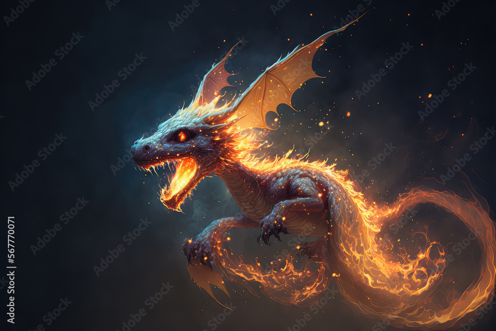 Fire breathes explode from a giant dragon in a black night, the epic ...