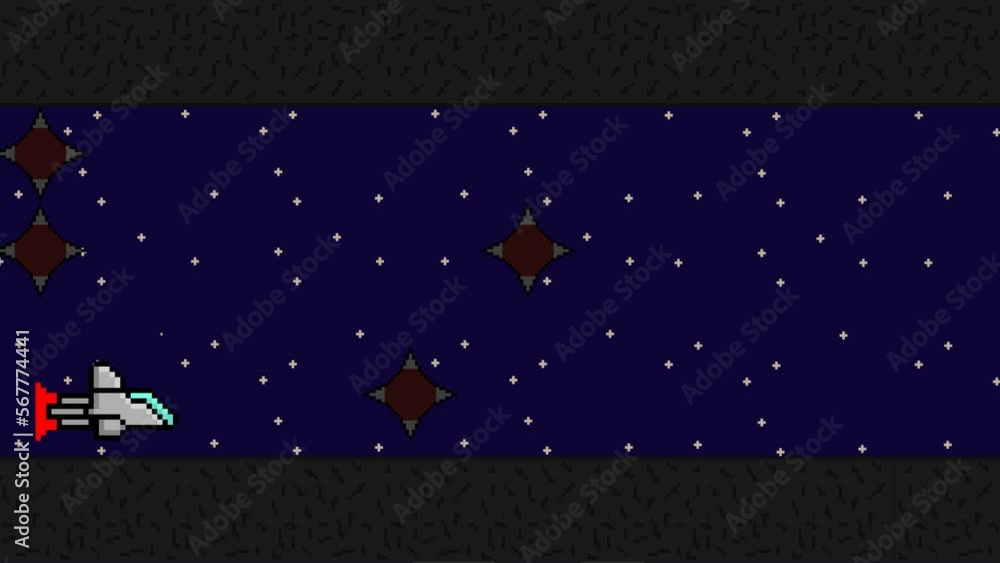 Spaceship animation, 8-bit, dodging floating enemies, arcade, pixel art ...