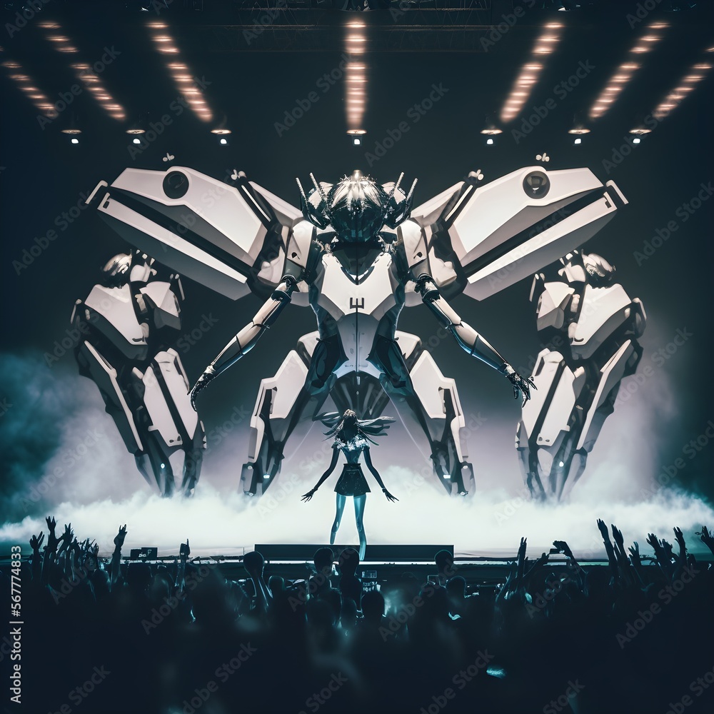 hyperdetailed minimalist drone shot of cyborg kpop band saluting the ...