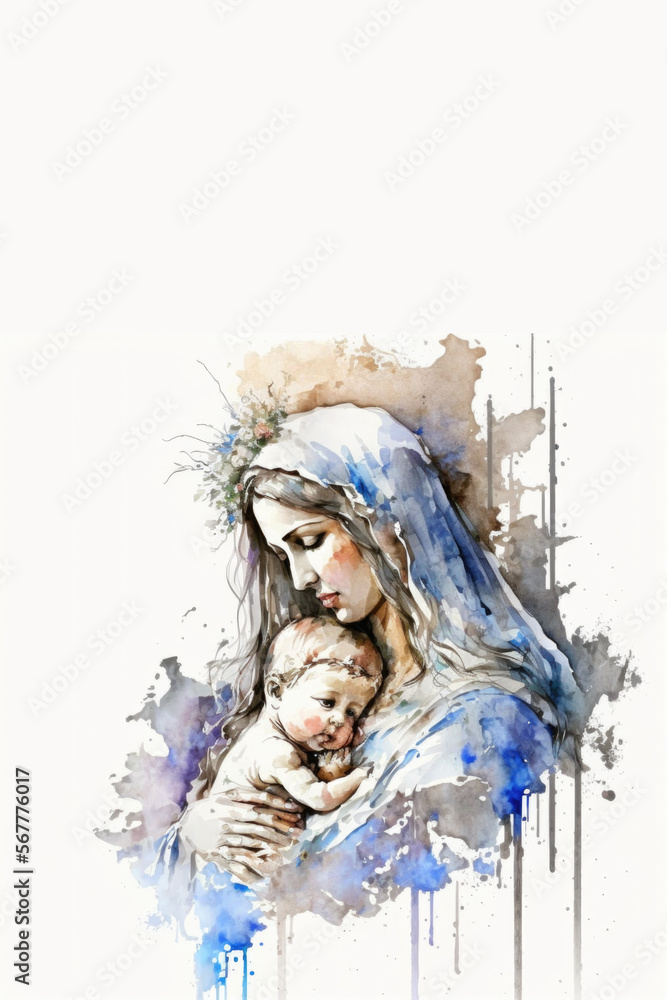 Mother of christ, Mary and Jesus, Religious Banner Watercolor art ...