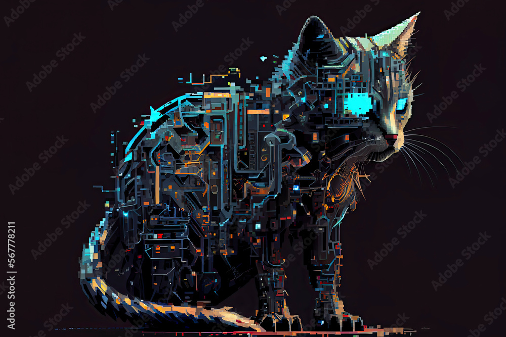 Create a futuristic cyberpunk-style cat with pixel art-style mechanical ...