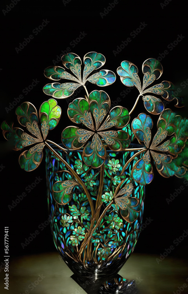 Decorative bunch of lucky Four Leaf Clover in a vase; luxury iridescent ...