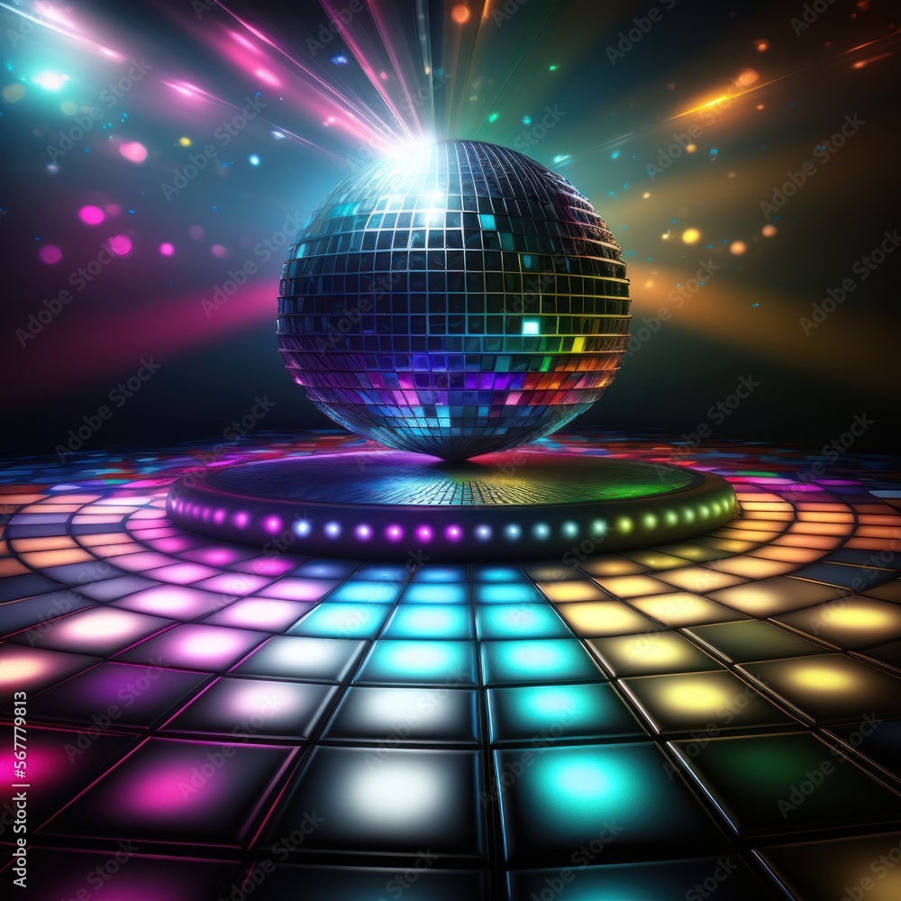 Colorful dance floor. Music stage. Disco ball show performance begin ...
