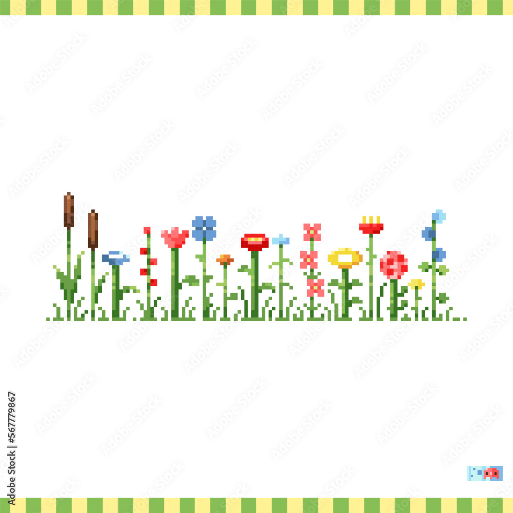 Pixel art line of flowers icon. Vector 8 bit style illustration of line ...
