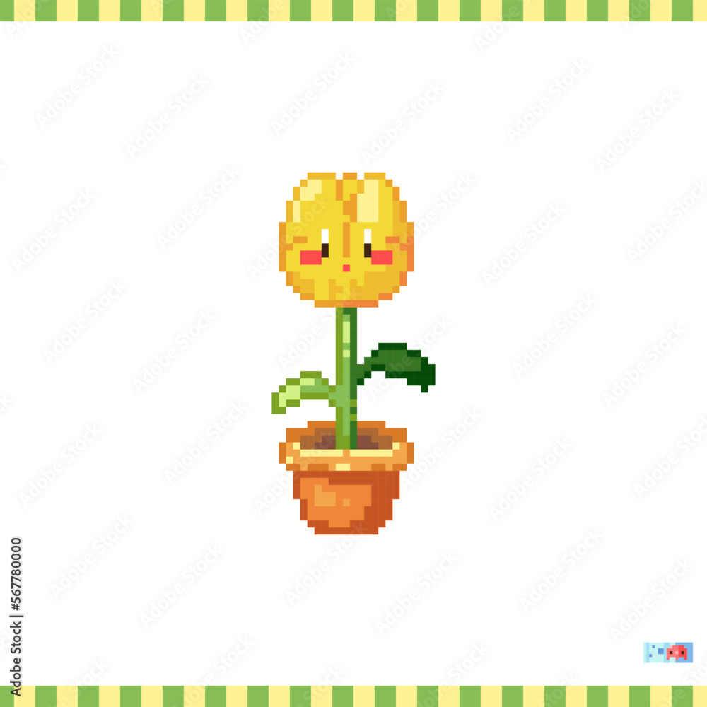 Pixel art flower in a pot icon. 90s style retro video game asset or ...