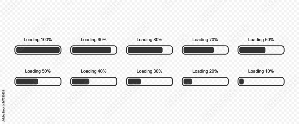 Loading bar progress icons set. The loading process is from 10 to 100 ...