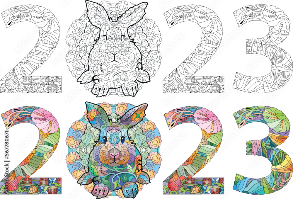 Zentangle stylized rabbit number 2023. Hand Drawn lace vector ...