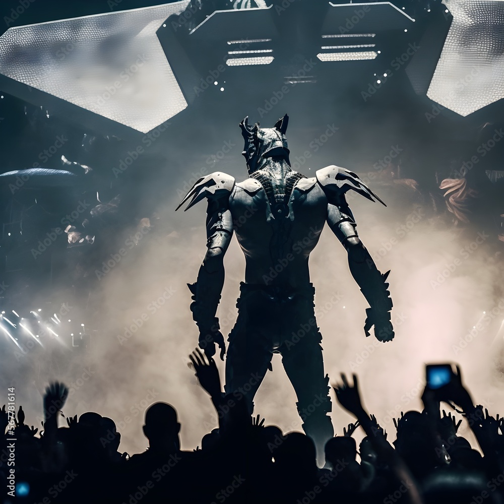 hyperdetailed minimalist drone shot of reggaeton cyborg rockstar ...