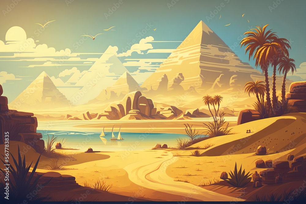 Egyptian desert with river and pyramids. Landscape with yellow sand ...