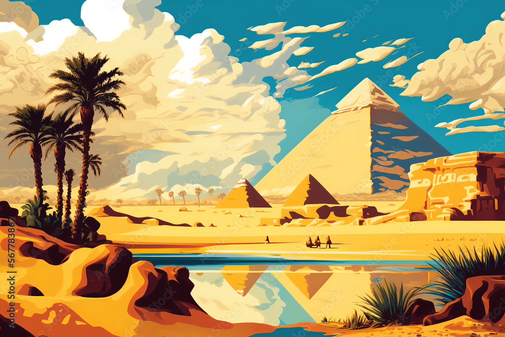 Egyptian desert with river and pyramids. Landscape with yellow sand ...