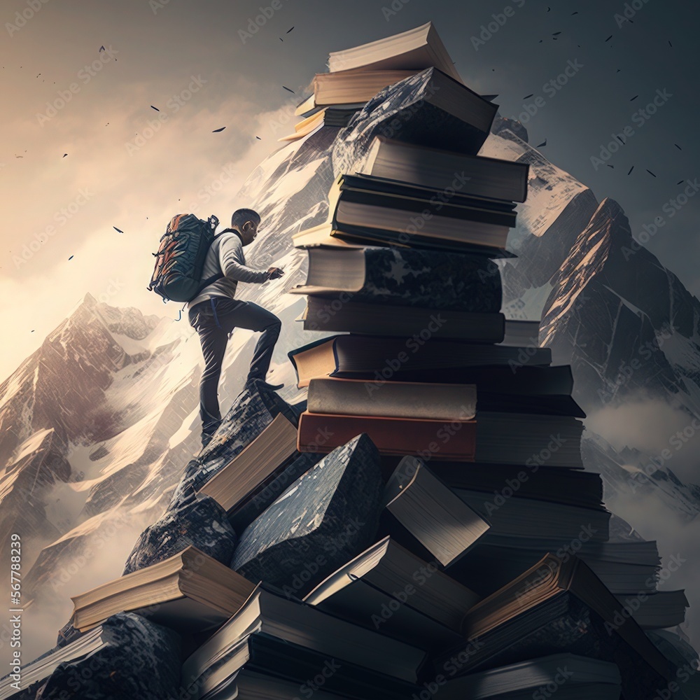 Man climbing stack of books, knowledge mountain, book mountain ...